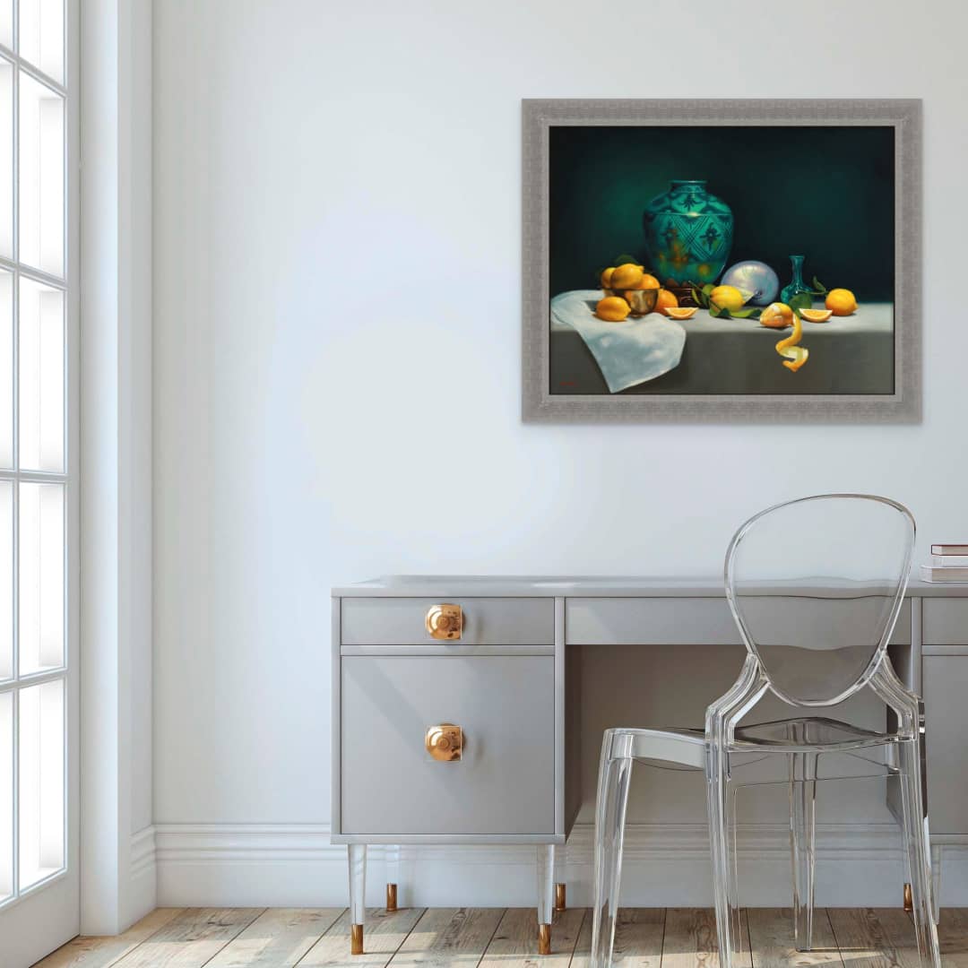 Vicki Sullivan Painting ~ 'Lemons with Persian Vase and Nautilus Shell