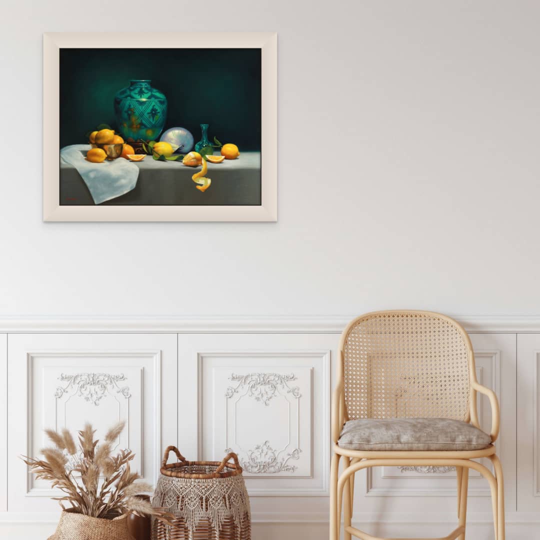 Vicki Sullivan Painting ~ 'Lemons with Persian Vase and Nautilus Shell