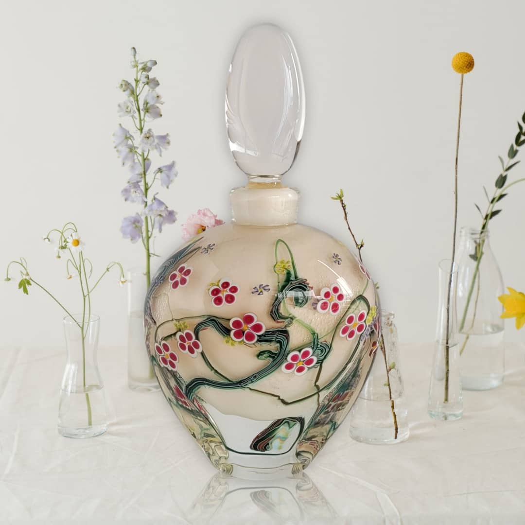 Anne Clifton Glass ~ 'Wildflower Bottle, Primrose with Ruby Flowers'